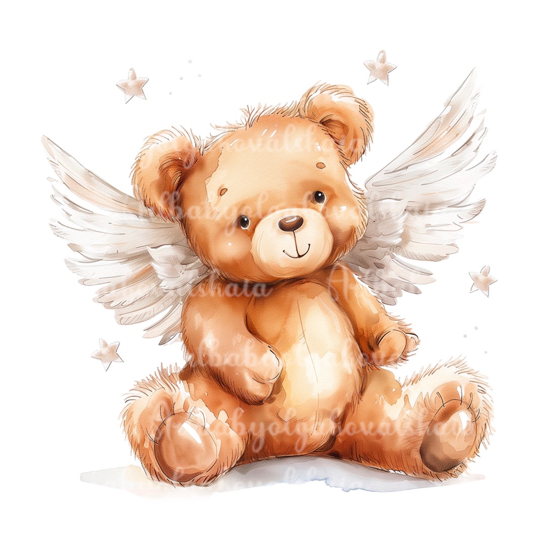 Teddy Bear Clipart, Watercolor Angel Bear PNG, Baby Shower, Digital ...