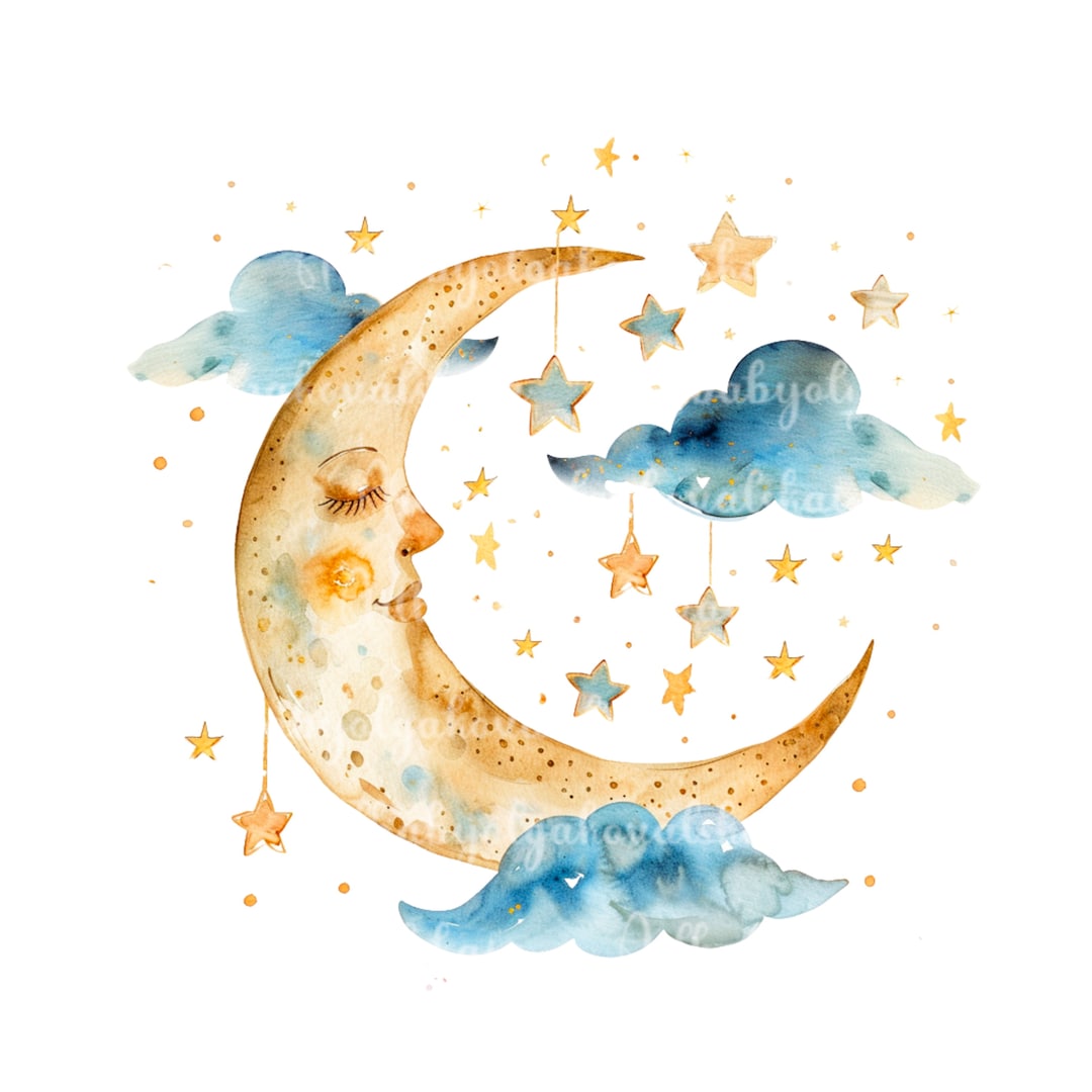 Moon PNG, Watercolor Moon Clipart, Clouds and Stars, Digital Download ...