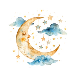 Moon PNG, Watercolor Moon Clipart, Clouds and Stars, Digital Download ...