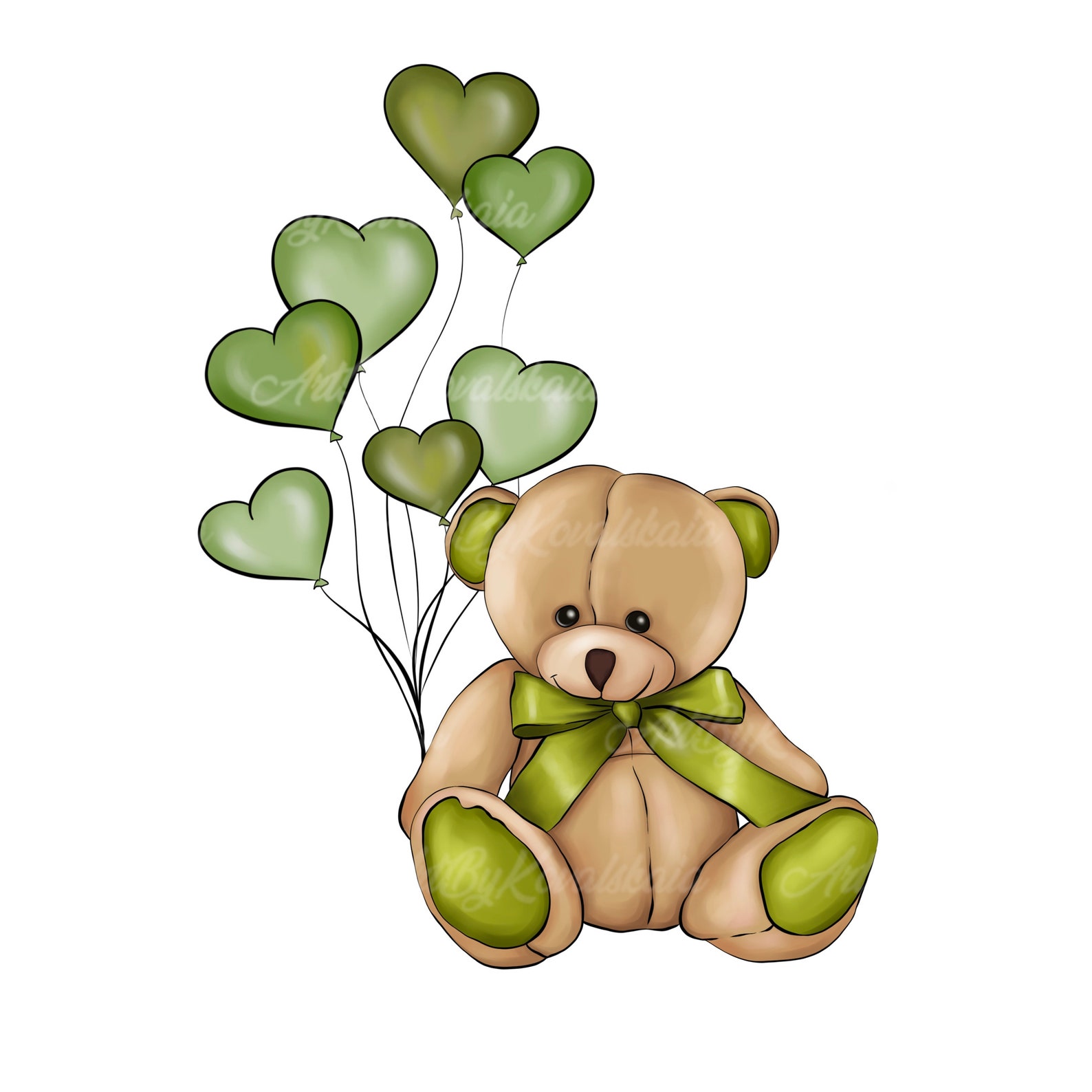 Teddy Bear With Green Heart Balloons Clipart (digital Download) - Etsy