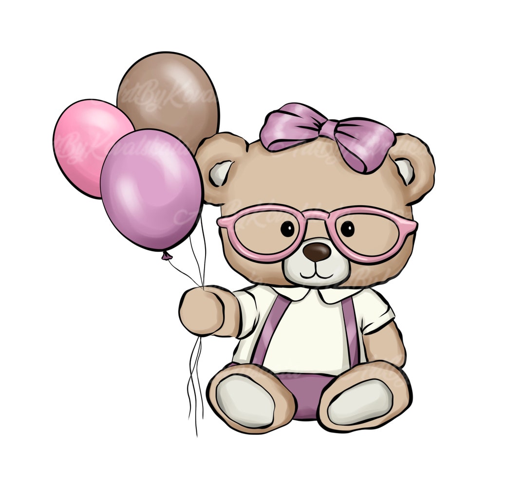 Teddy Bear Clipart, Cute Bear PNG, Baby Shower Girl, Balloons, Digital ...