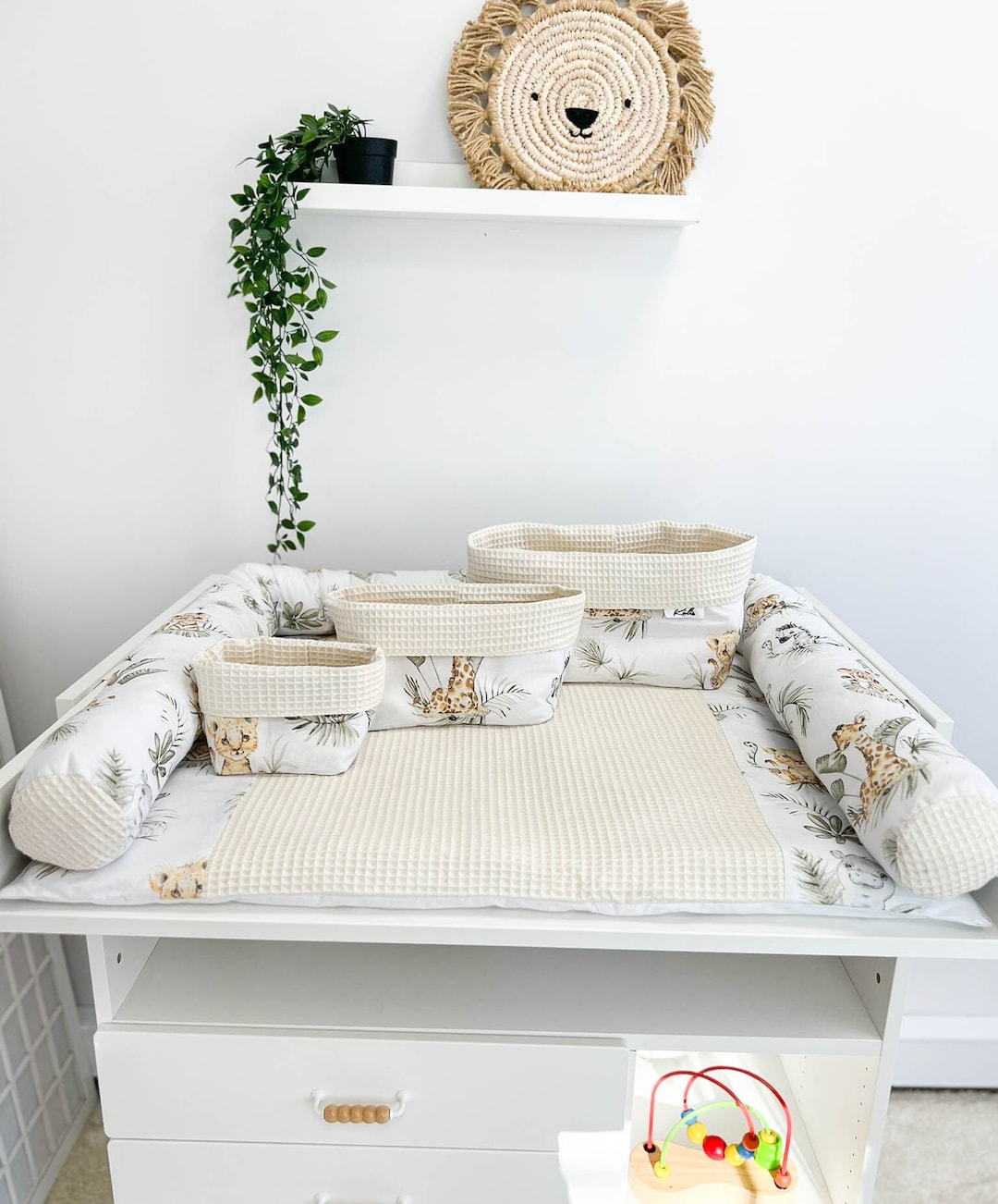 Cotton Animal Print Changing Pad With Long Pillow and Baskets, Baby ...