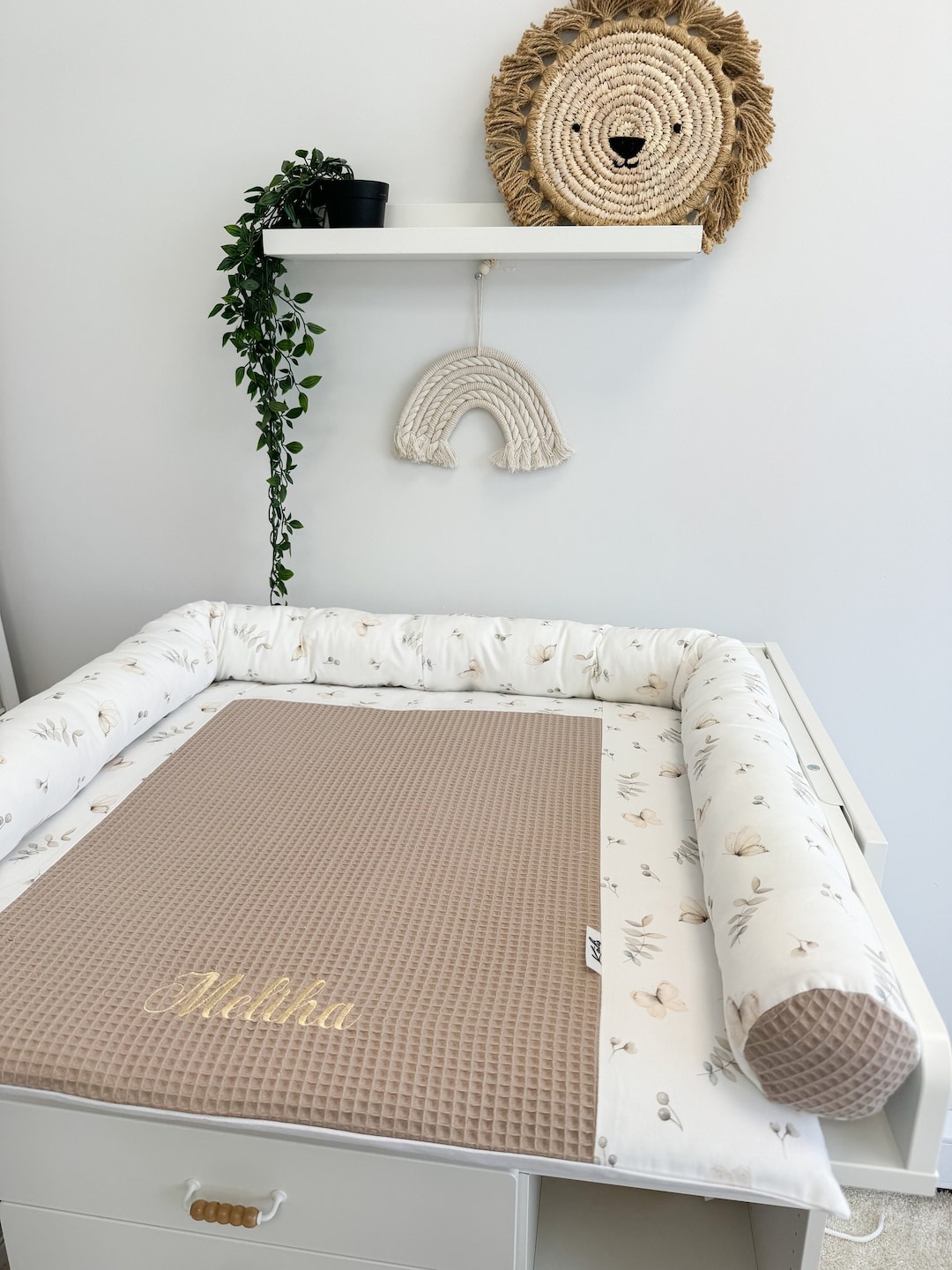 Cotton Beige Floral Print Changing Pad With Long Pillow and Baskets ...