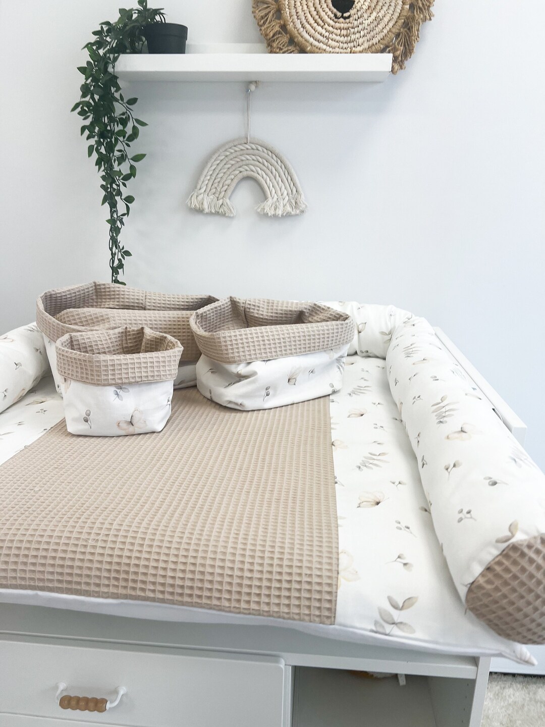 Beige Cotton Flower Print Changing Pad With Long Pillow and Baskets ...