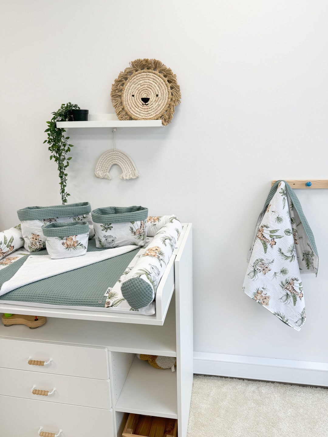 Cotton Safari Animal Print Changing Pad With Long Pillow and Baskets ...