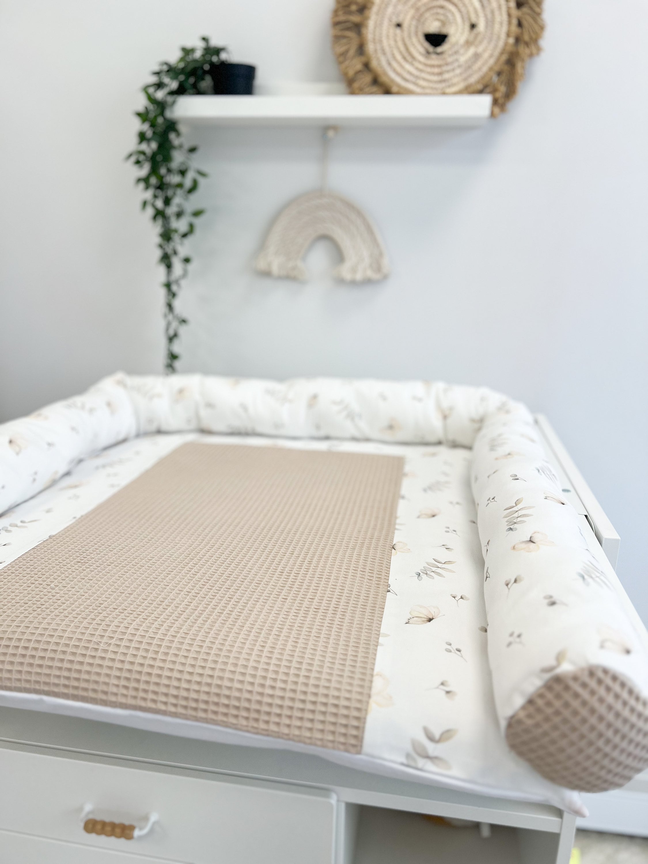Beige Cotton Flower Print Changing Pad With Long Pillow and Baskets ...