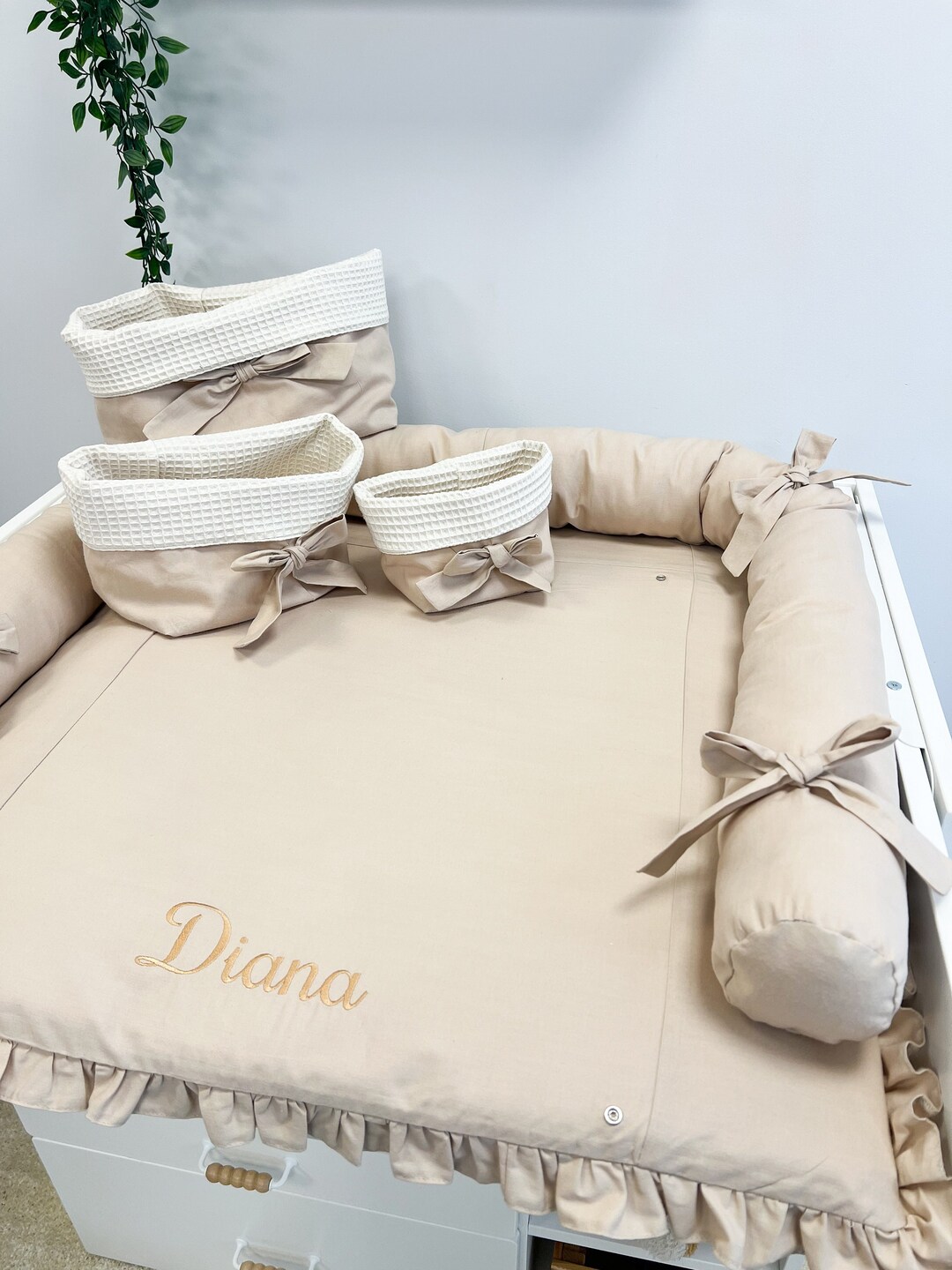 Beige Changing Mat in Fabric, Changing Pad With Accessory Baskets, Baby ...