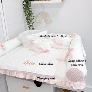 White Baby Girl Pink Changing Pad, Long Pillow and Baskets Utensilos ...