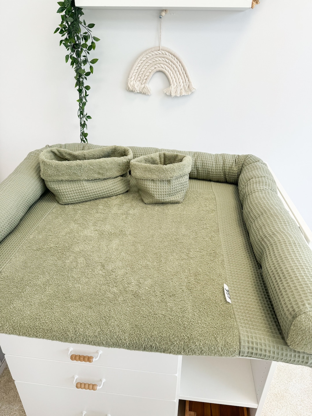 Sage Green Changing Mat, Cotton Solid Print Changing Pad With Long ...