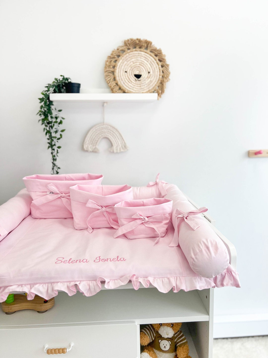 Pink Solid Color Changing Pad With Long Pillow, Baskets and Blanket ...