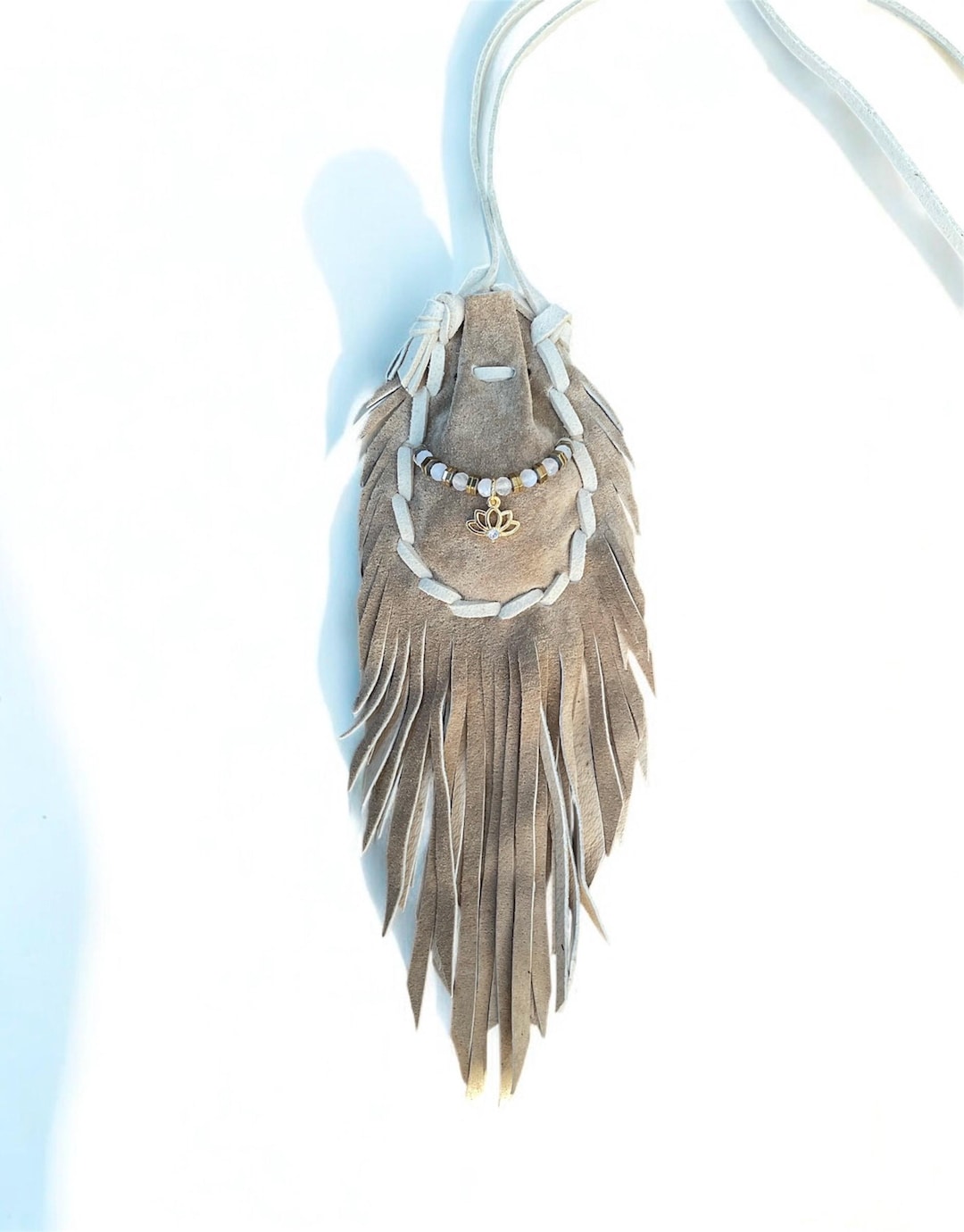 Leyla Medicine Bag Necklace, Gold Lotus, Moonstone, Tan Leather Pouch ...