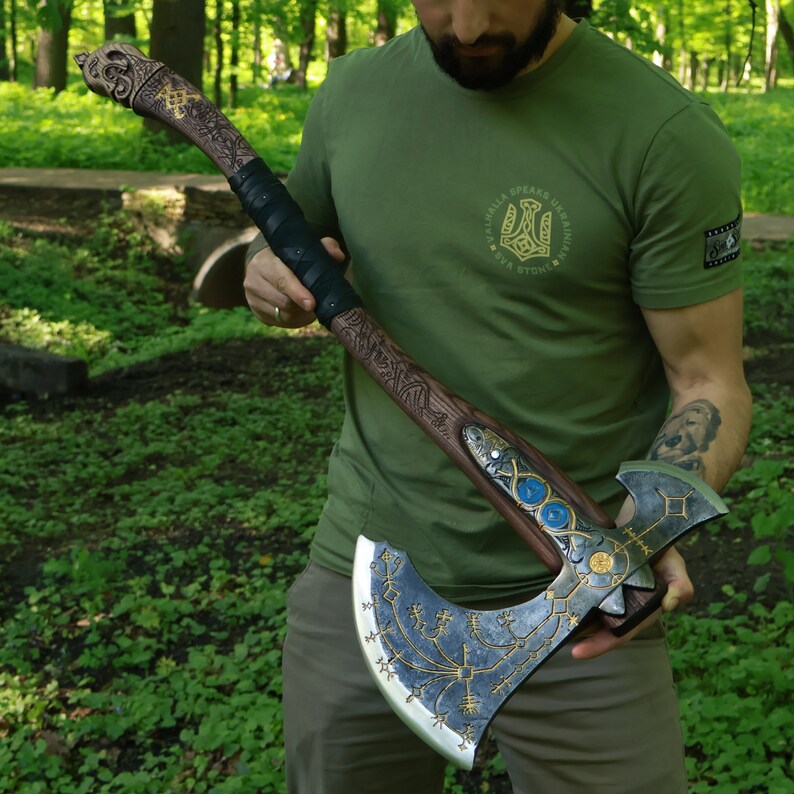 Leviathan Axe GOW , Inspired by Kratos High Carbon Steel Blade, 36 Ash Wood Handle With Leather ...