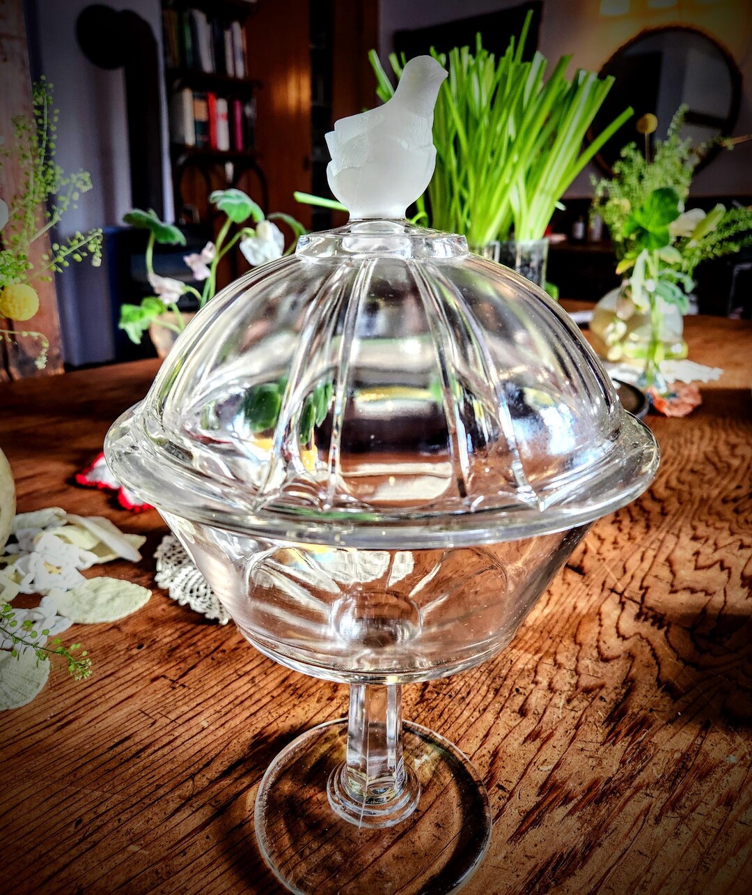 Vintage Glass Compote Dish: Frosted Bird Finial, Fluted Lid - Etsy