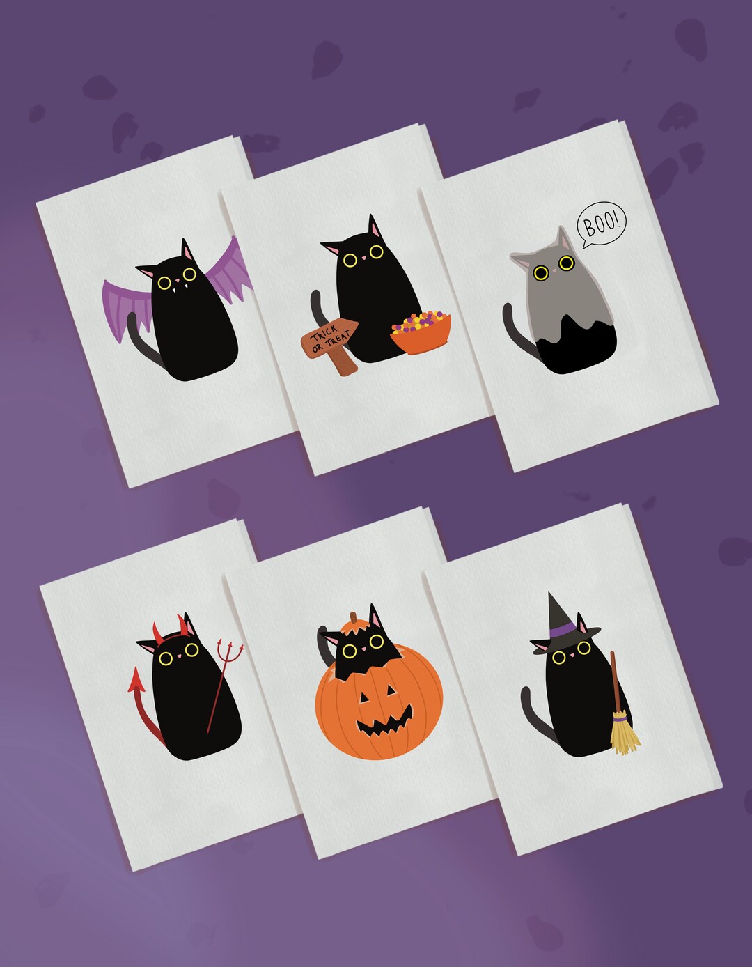 6 Pack Black Cat Halloween Cards Invitations - Personalised Greeting ...