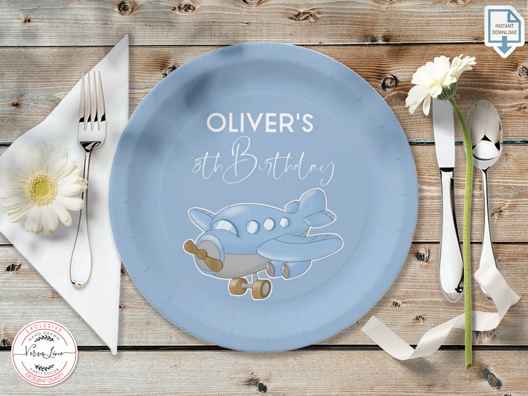 Editable Paper Plates Template Blue Airplane Birthday Boy ANY AGE Time ...