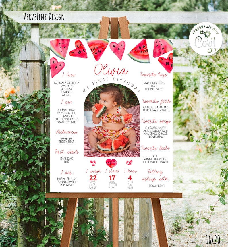 Editable Milestone Board Red Watermelon 1st Birthday Boy Girl Party ...