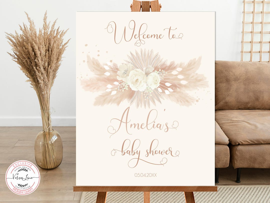 Editable Welcome Sign Pampas Grass Boho Bridal Shower Bohemian Floral ...