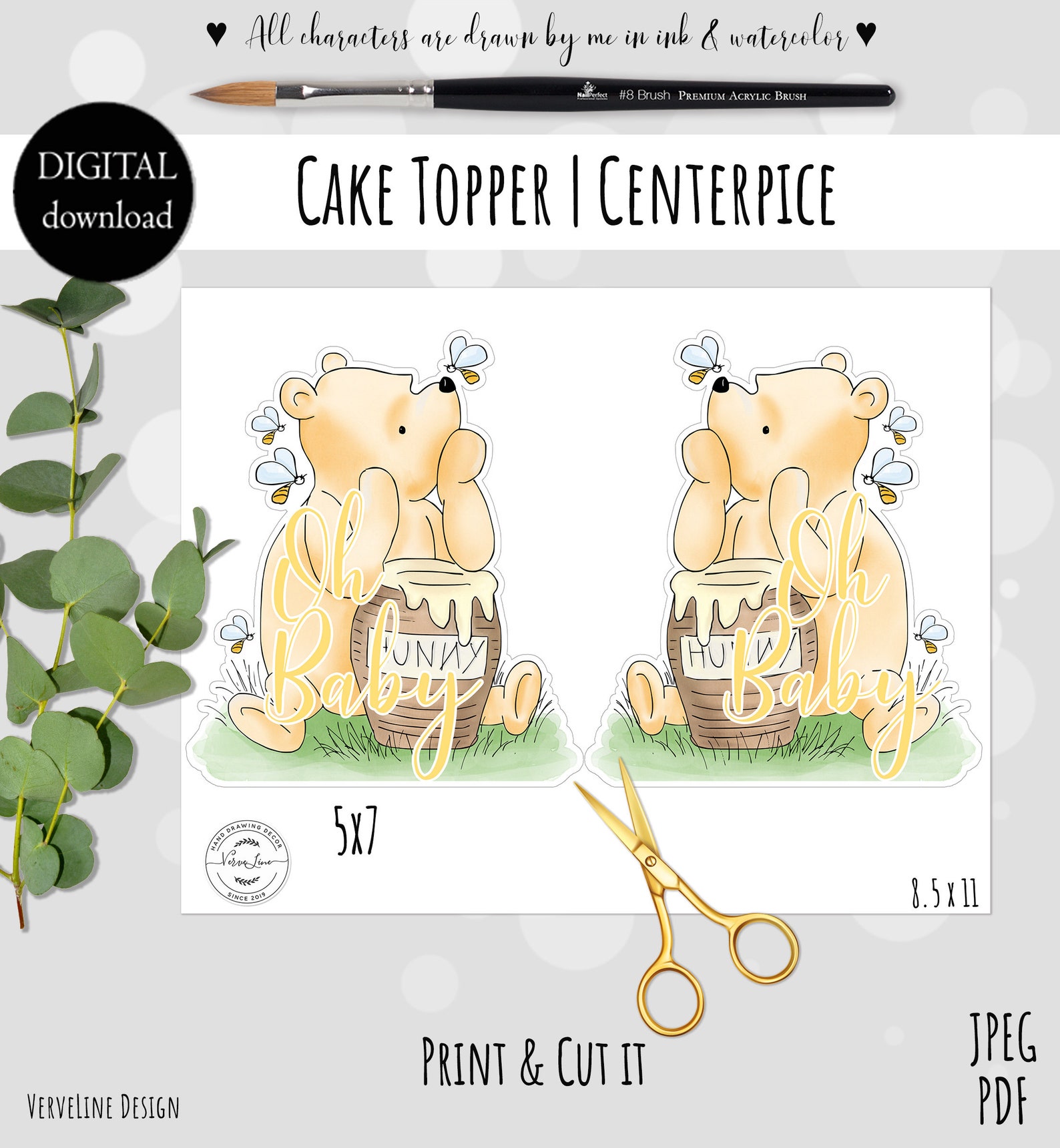 Double-sided Cake Topper Classic Winnie the Pooh Baby Shower Oh Baby ...