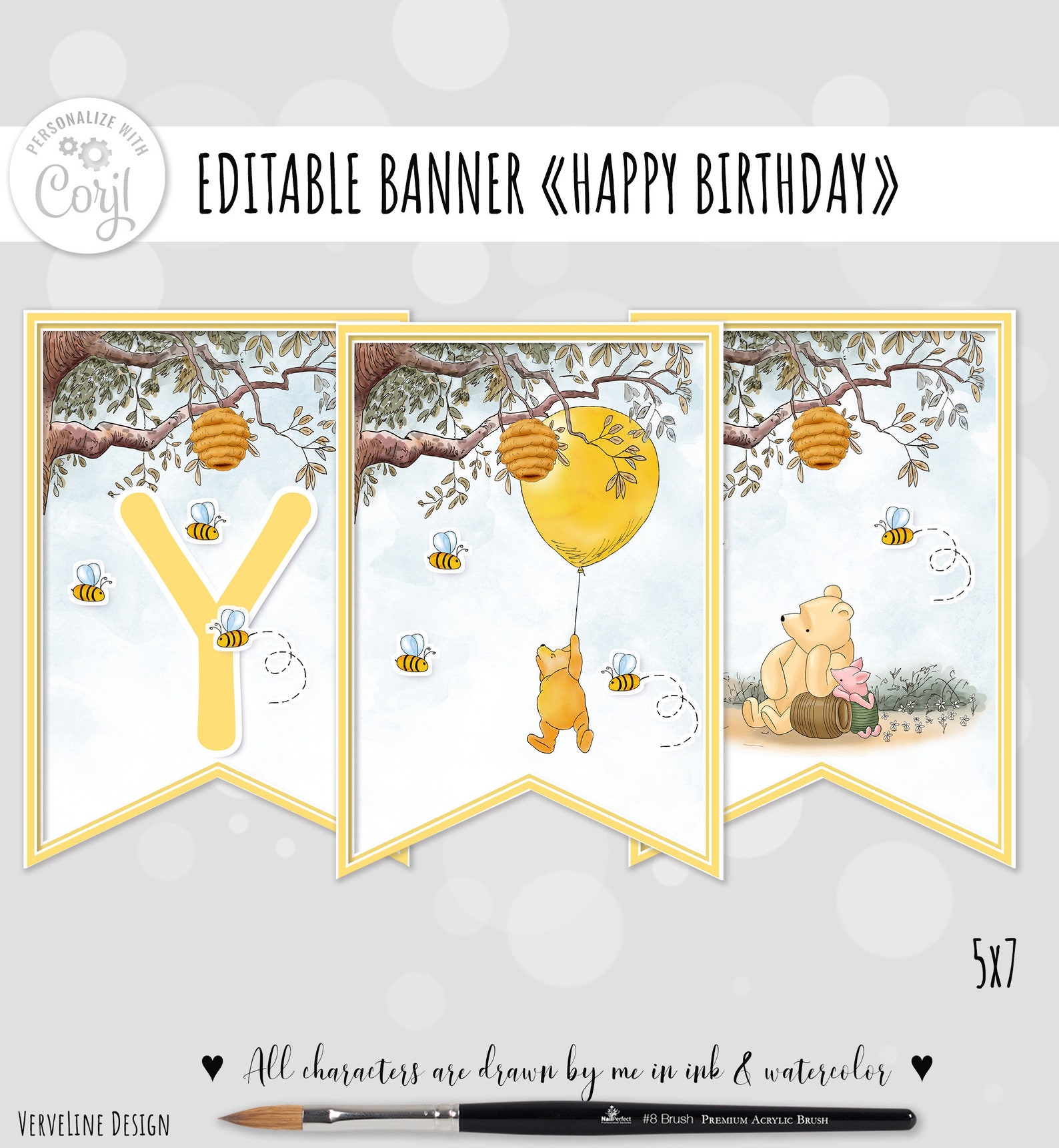 Editable Banner Classic Winnie the Pooh happy - Etsy