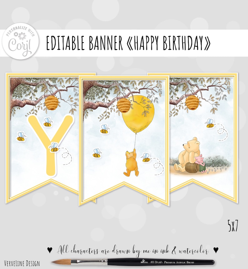 Editable Banner Classic Winnie the Pooh "happy Birthday" Party Banner ...