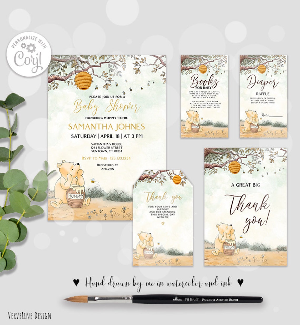 Editable Classic Winnie the Pooh Baby Shower Bundle Set#7: Invitation ...