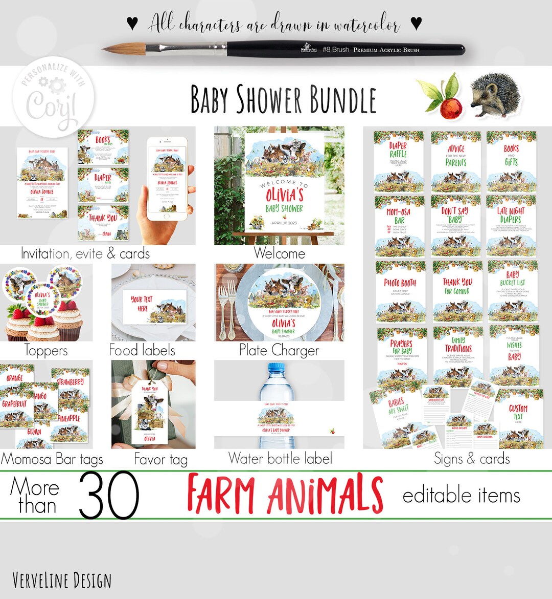 Baby Shower Bundle Farm Animals-themed Set : Invitation, Decor, Signs ...