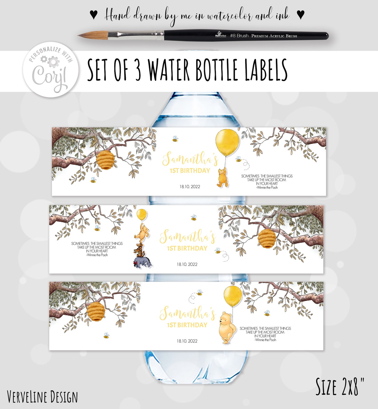 Set of 3 Editable Classic Winnie the Pooh Water Bottle Labels Baby ...