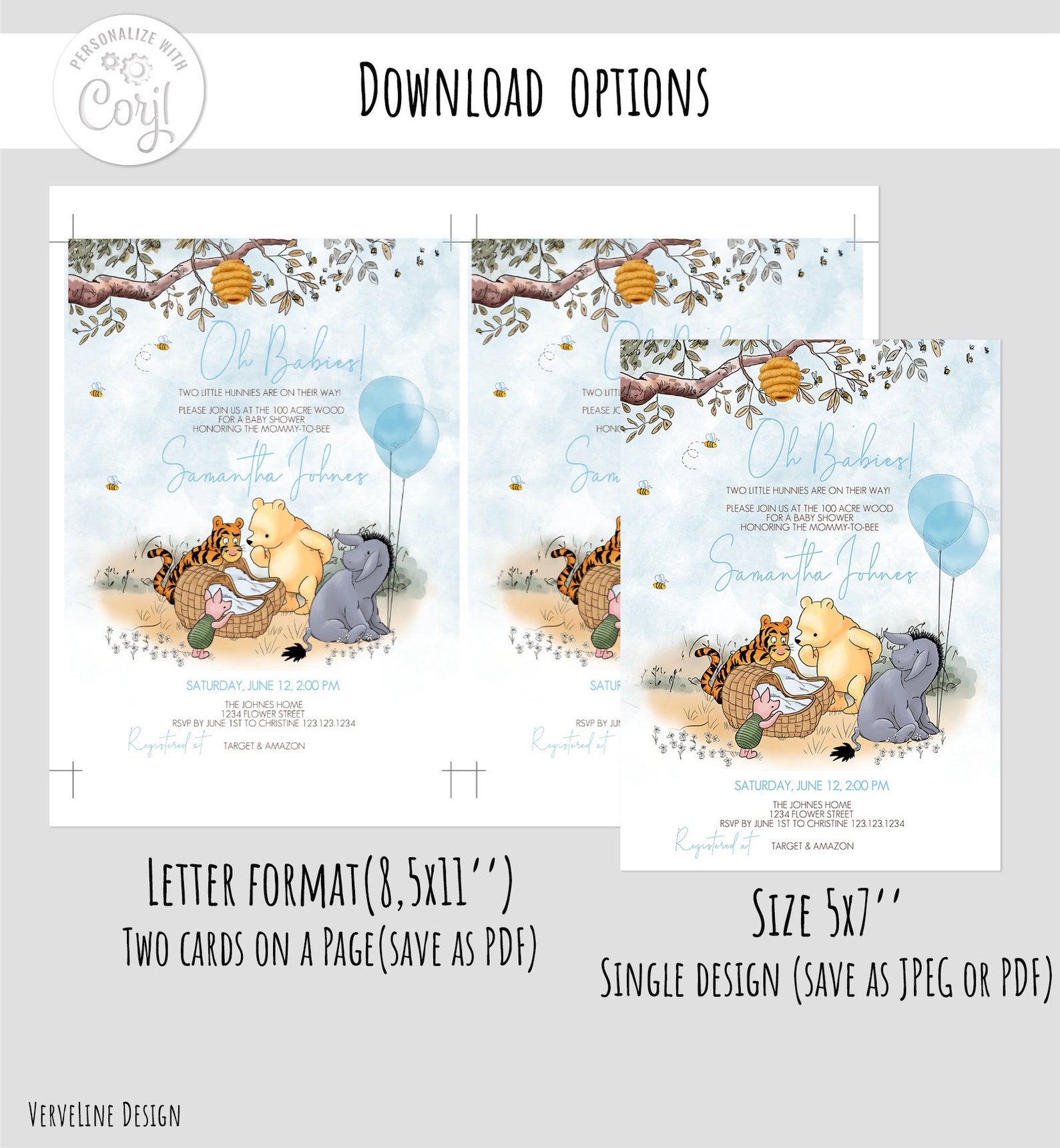 Editable Invitation for TWINS Boys Baby Shower | Classic Winnie the ...
