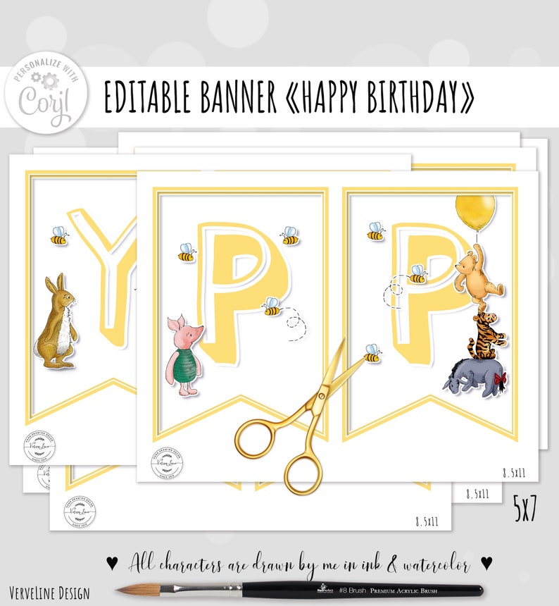 Editable Banner Classic Winnie the Pooh happy - Etsy
