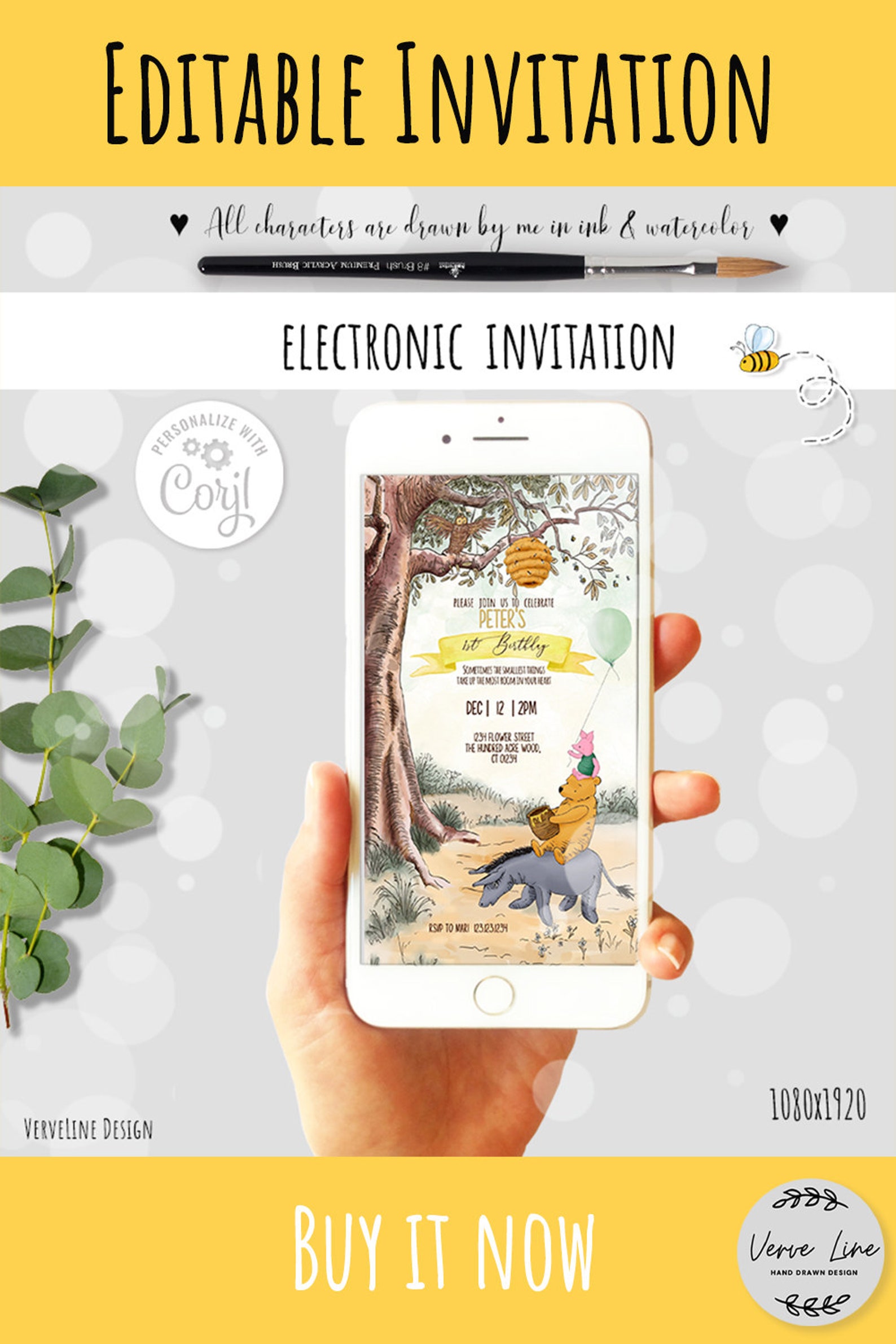 Editable Classic Winnie the Pooh Birthday Boy Girl Electronic - Etsy