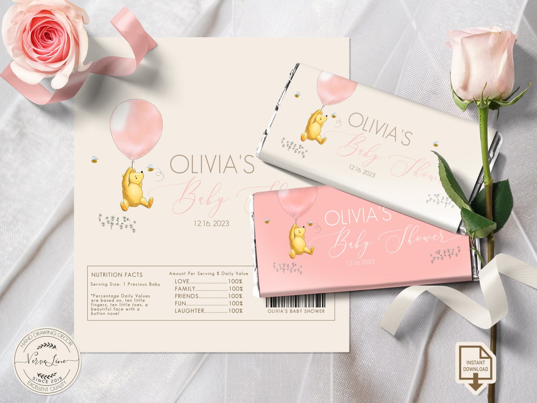 Chocolate Wrapper for a Classic Winnie Pooh Girl Baby Shower 1,55oz ...