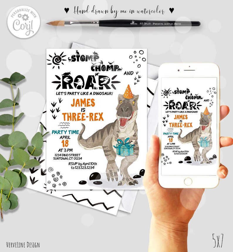 Editable Three-rex Dinosaur Birthday Invitation Dino T-rex | Etsy