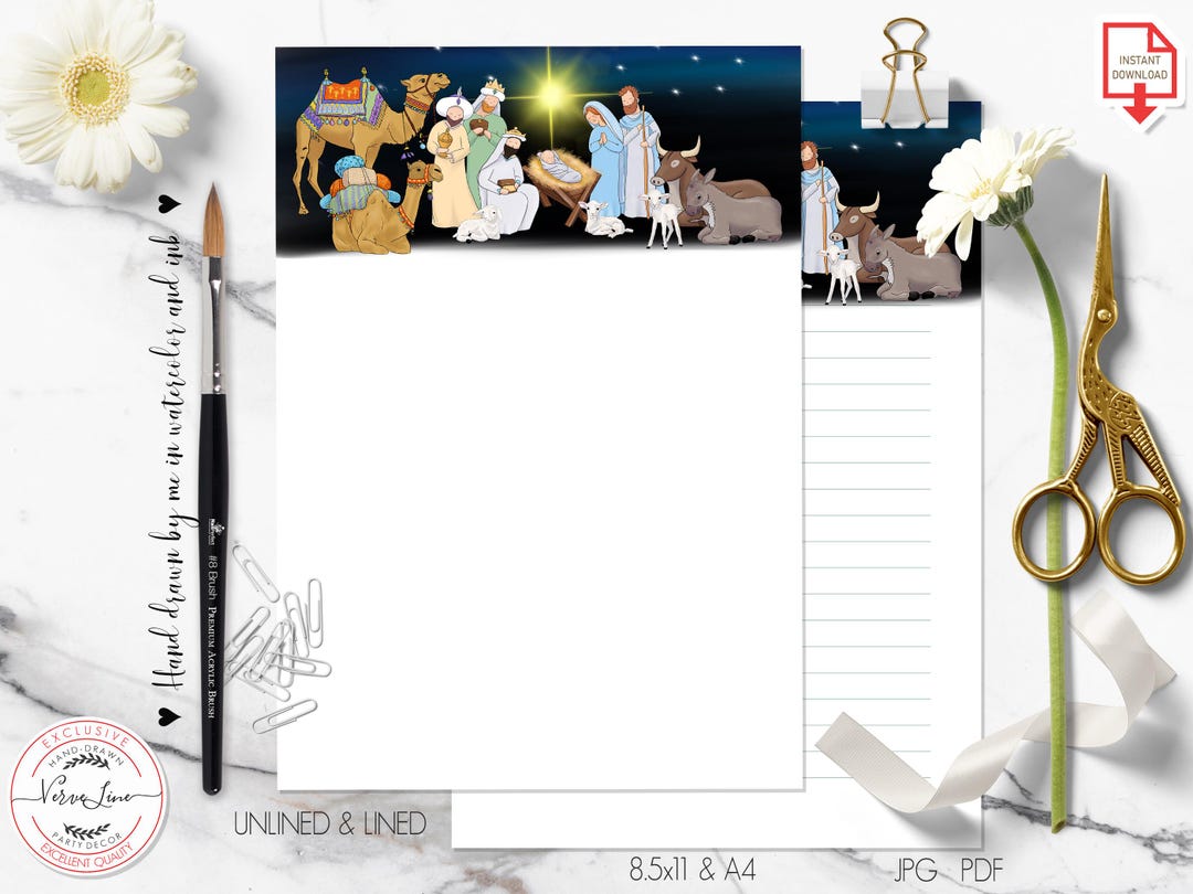Christmas Nativity Scene Printable Stationary Lined Unlined Paper ...