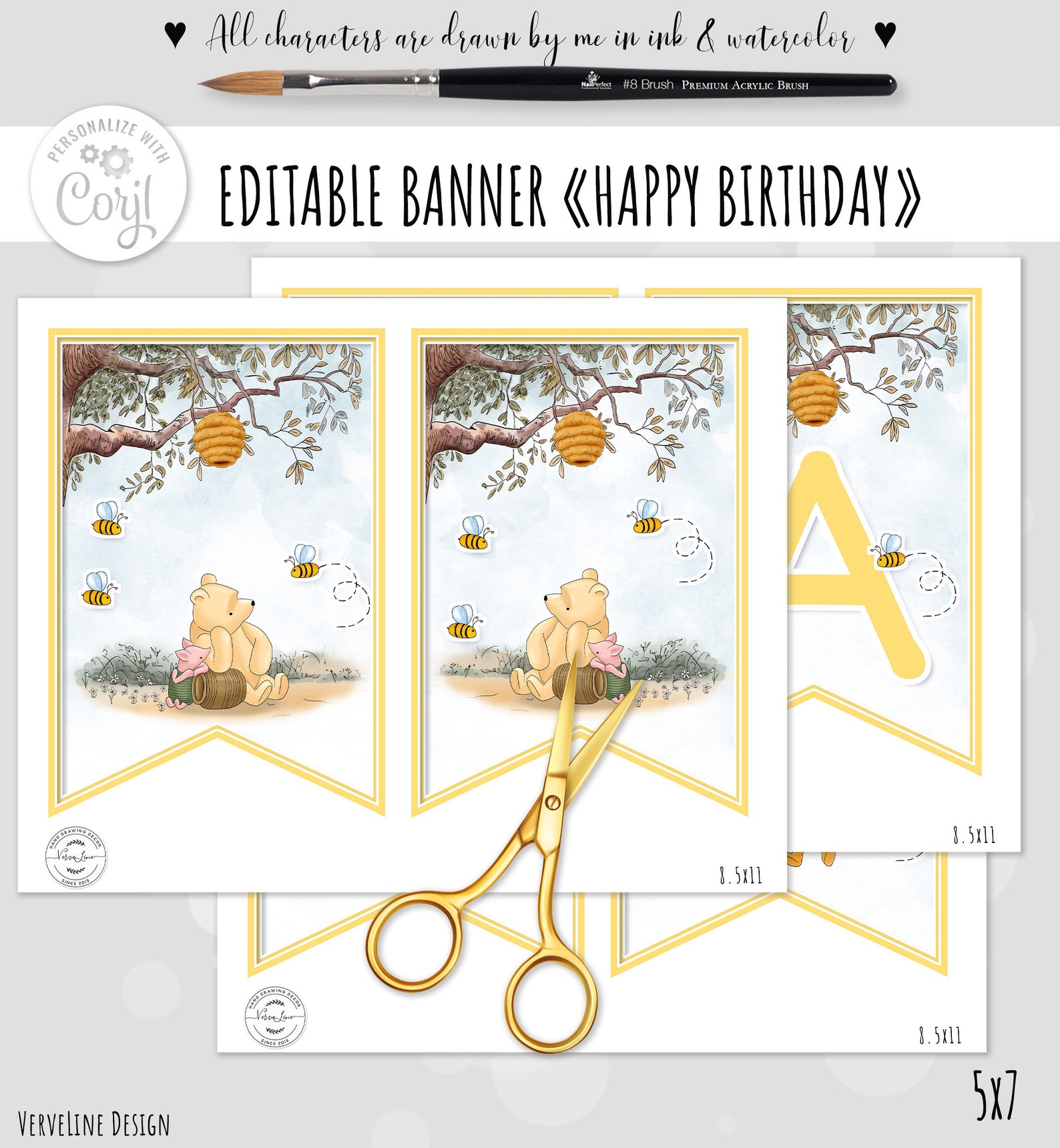 Editable Banner Classic Winnie the Pooh happy - Etsy