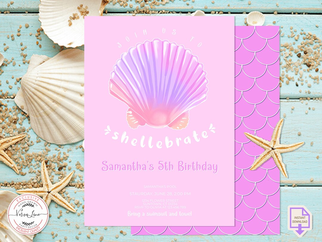 Editable Invitation Seashell Shellebrate Birthday Party Girl ANY AGE ...