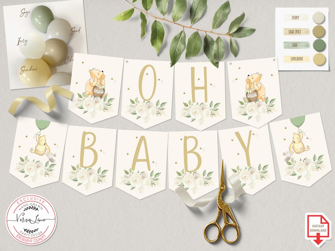 Banner ''OH BABY'' Classic Winnie the Pooh Neutral Baby Shower Party ...