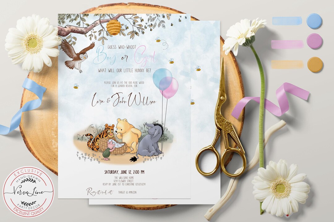 Editable Invitation for a Classic Winnie the Pooh Gender Reveal Whoo ...