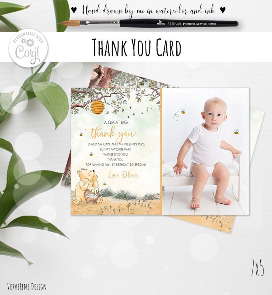 Editable Thank You Card Classic Winnie the Pooh Birthday Boy Girl ...