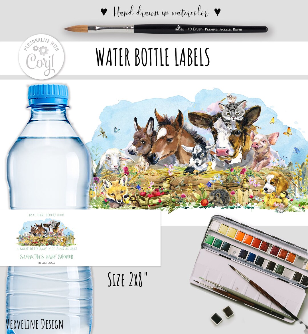 Editable Water Bottle Labels Farm Animals Barnyard Baby Shower Birthday ...