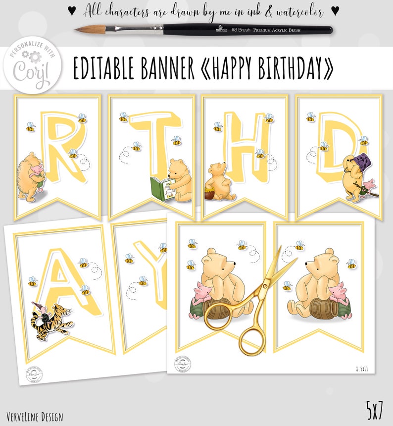 Editable Banner Classic Winnie the Pooh happy - Etsy