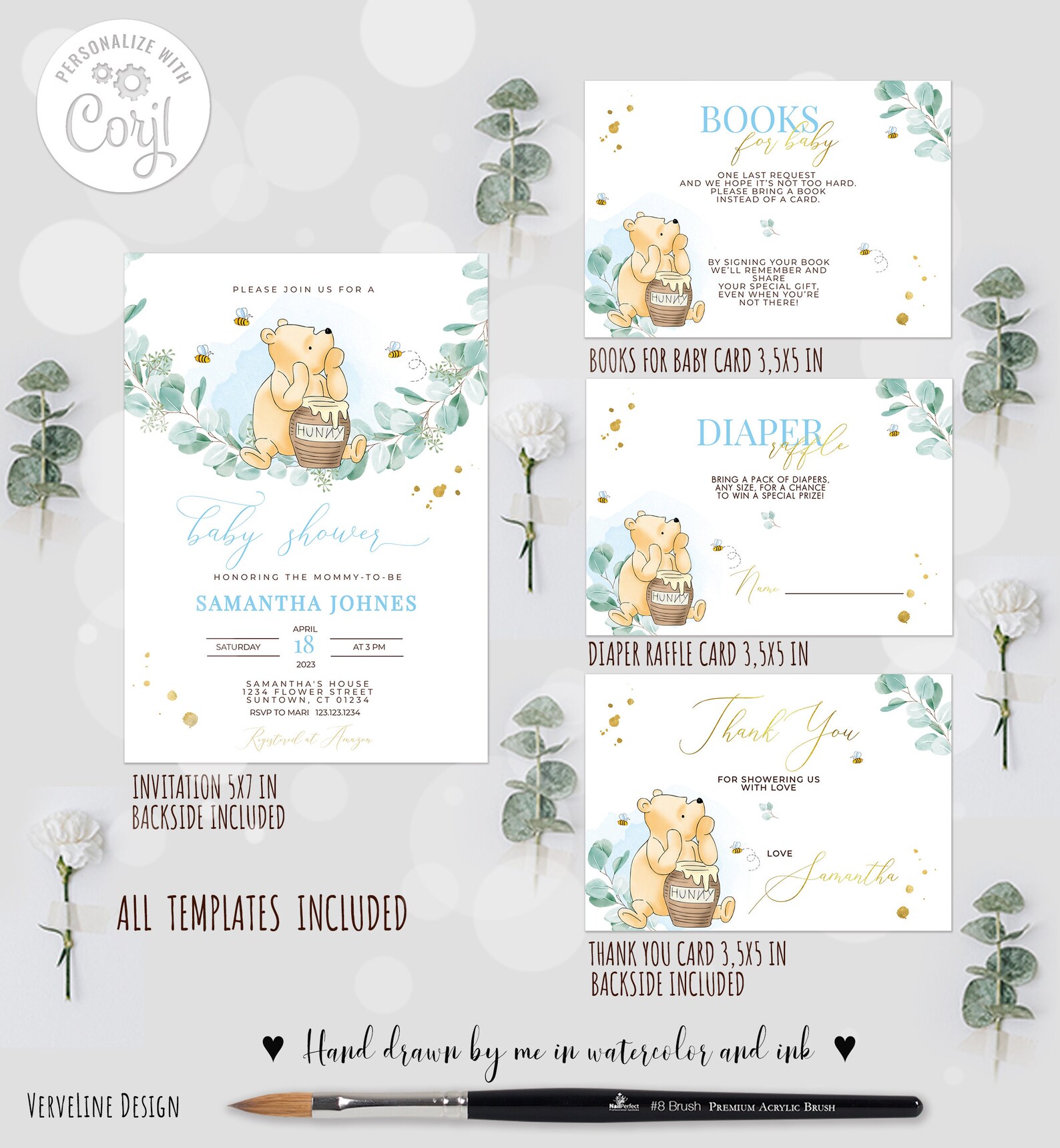 Editable Classic Winnie the Pooh Baby Shower Bundle Set14b - Etsy
