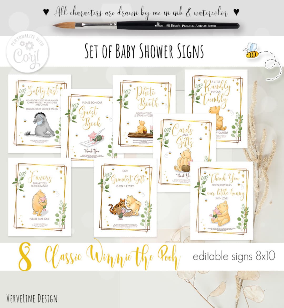 Classic Winnie the Pooh Baby Shower Set of 8 Editable Table Party Signs ...
