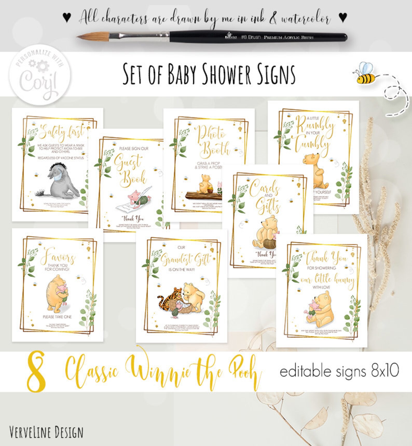 Classic Winnie the Pooh Baby Shower Set of 8 Editable Table Party Signs ...