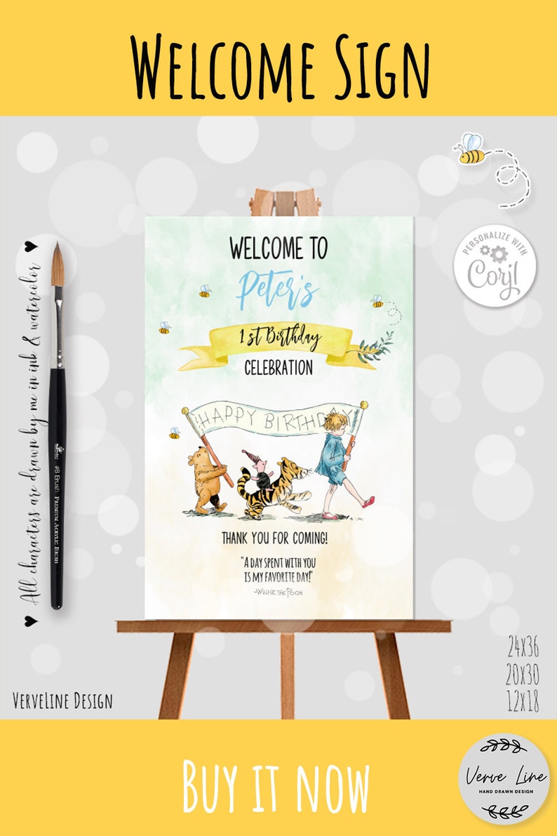 Editable Big Welcome Sign Classic Winnie the Pooh Birthday Boy - Etsy