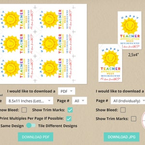 Editable Thank You Tag Sun Teacher Appreciation Gift Tag Teacher ...