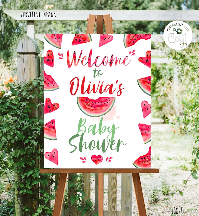 Editable Welcome Sign Red Watermelon Baby Shower Party Hand Drawn ...