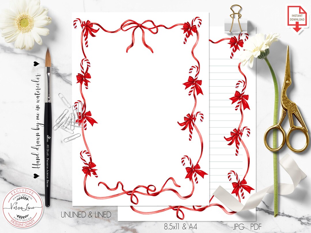 Christmas Holiday Watercolor Printable Stationary Lined Unlined Paper ...