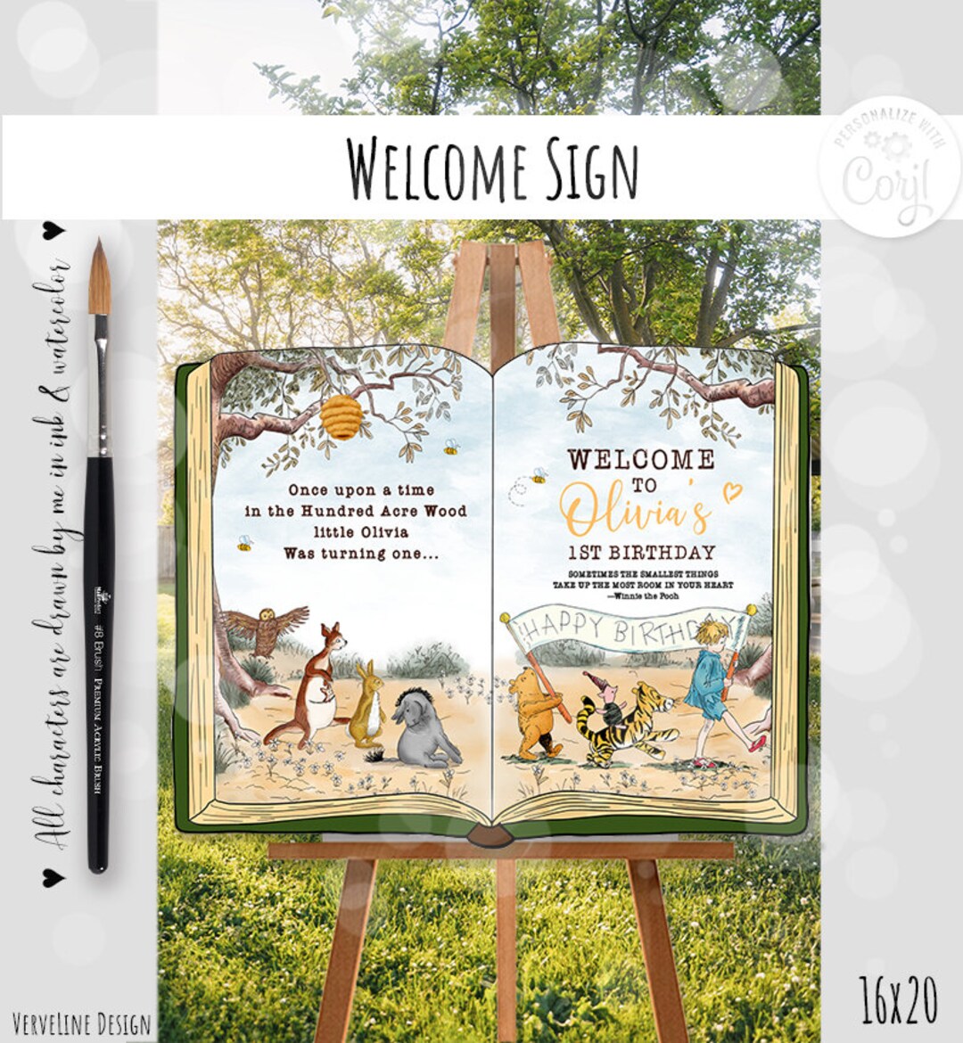 Editable Welcome Sign Classic Winnie the Pooh Open Book Birthday Boy ...