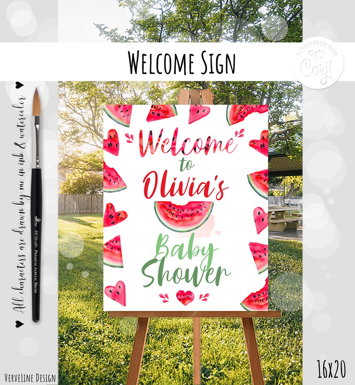 Editable Welcome Sign Red Watermelon Baby Shower Party Hand Drawn ...