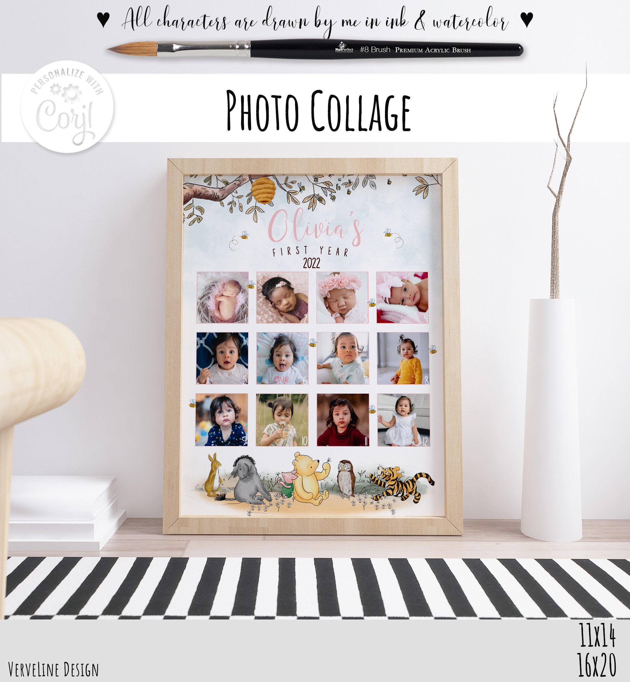Editable Photo Collage 1st Year Girl Classic Winnie the Pooh - Etsy